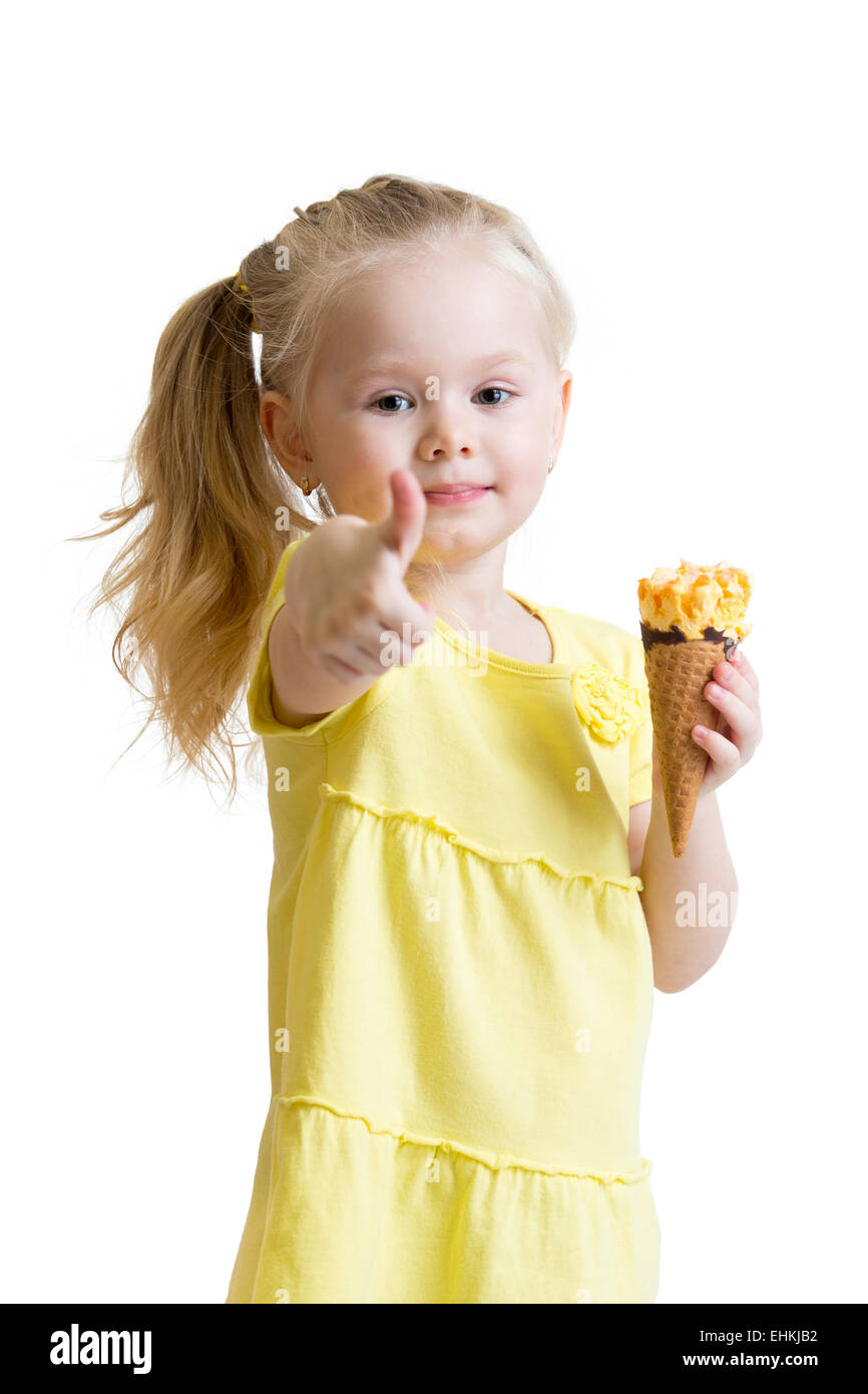 kid eating ice cream and showing okay sign Stock Photo - Alamy