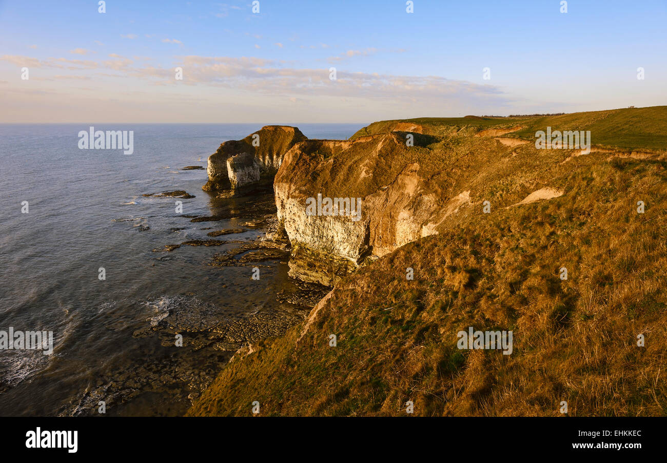 The high chalk cliffs at Flamborough Head at sunrise with the North Sea ...
