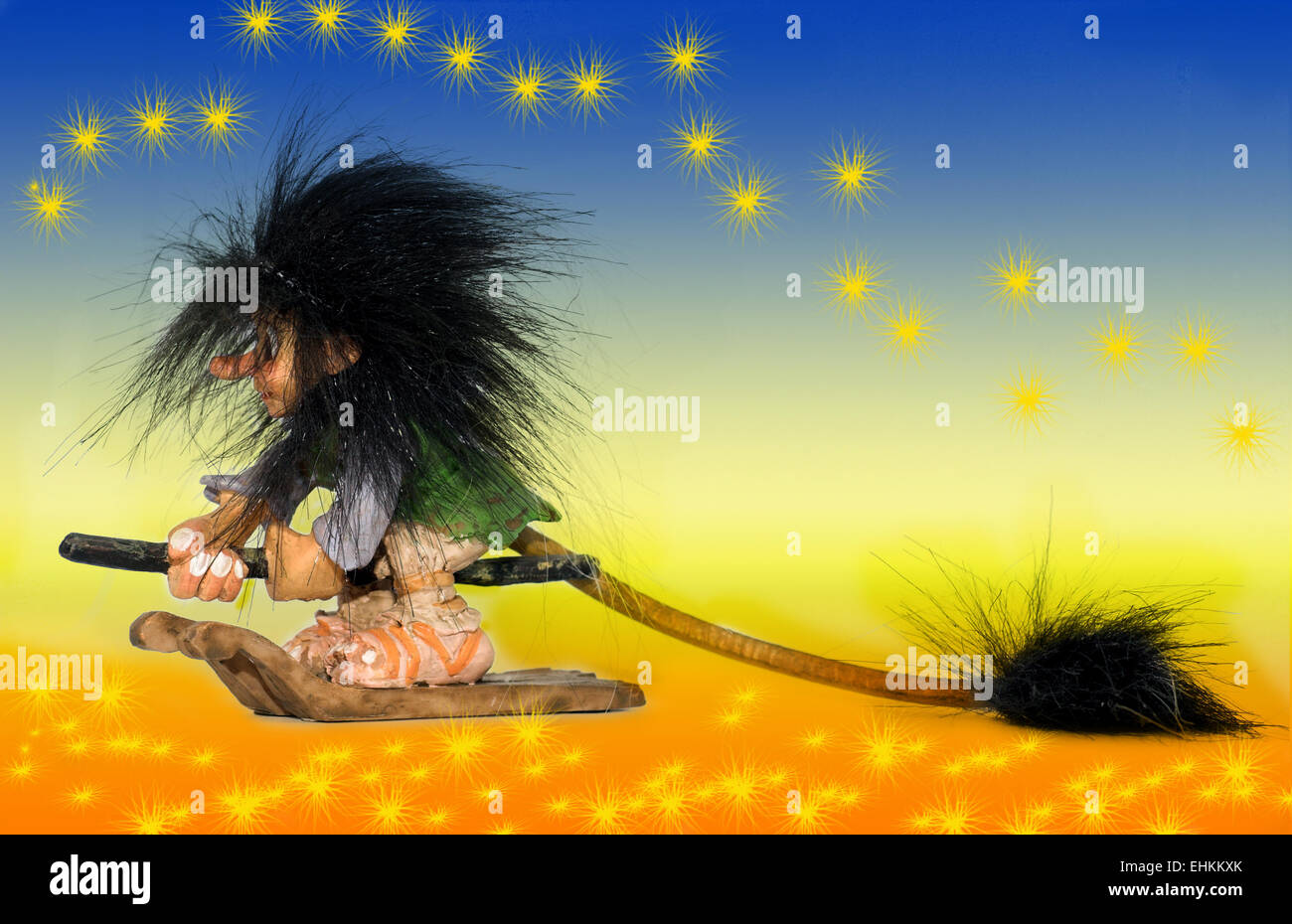 small fairy flying on broom, witch flying on her broom Stock Photo - Alamy
