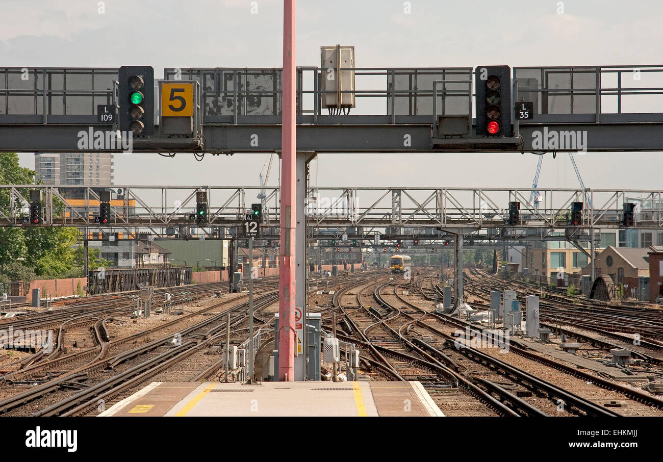 Railway tracks signals and train at London Bridge Station Stock Photo ...