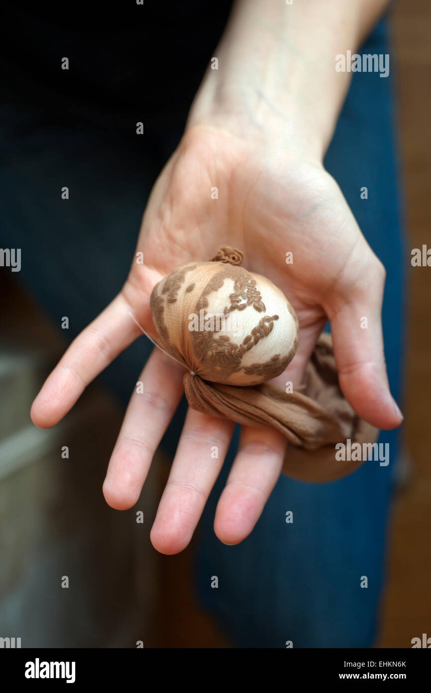An egg wrapped in tights with onion skins and linseed, ready to be hard ...