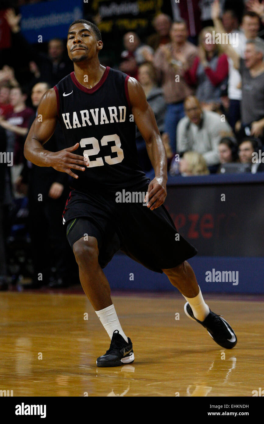 March 14, 2015: Harvard Crimson guard Wesley Saunders (23) reacts to ...