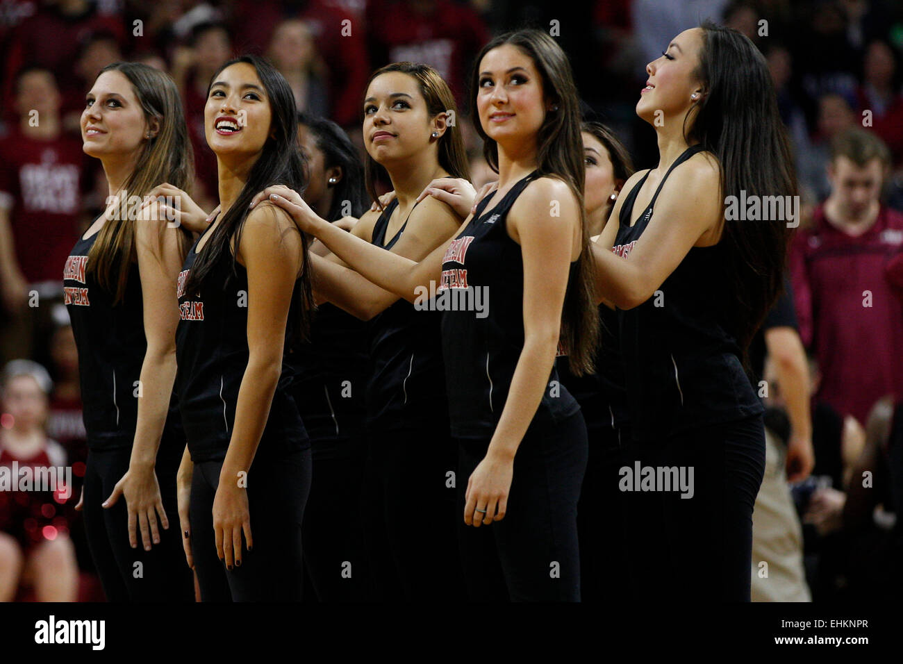 March 14, 2015: Harvard Crimson Dance Team looks on during the NCAA ...