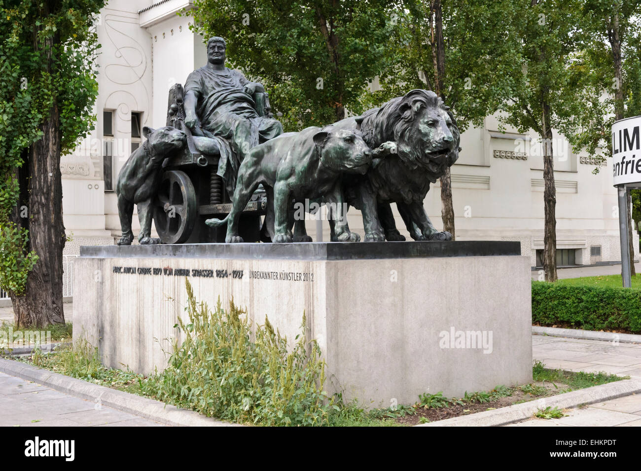 A huge bronze sculpture of Mark Anthony in a lion drawn chariot outside ...