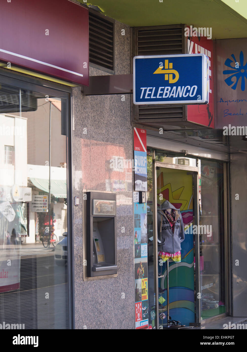 Cash dispenser Telebanco, a well known sign for tourists in need of ...