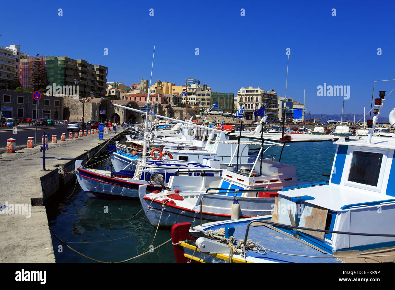 Sunny Scene of Fishing Boats and Heraklion Promenade, Crete, Greece ...