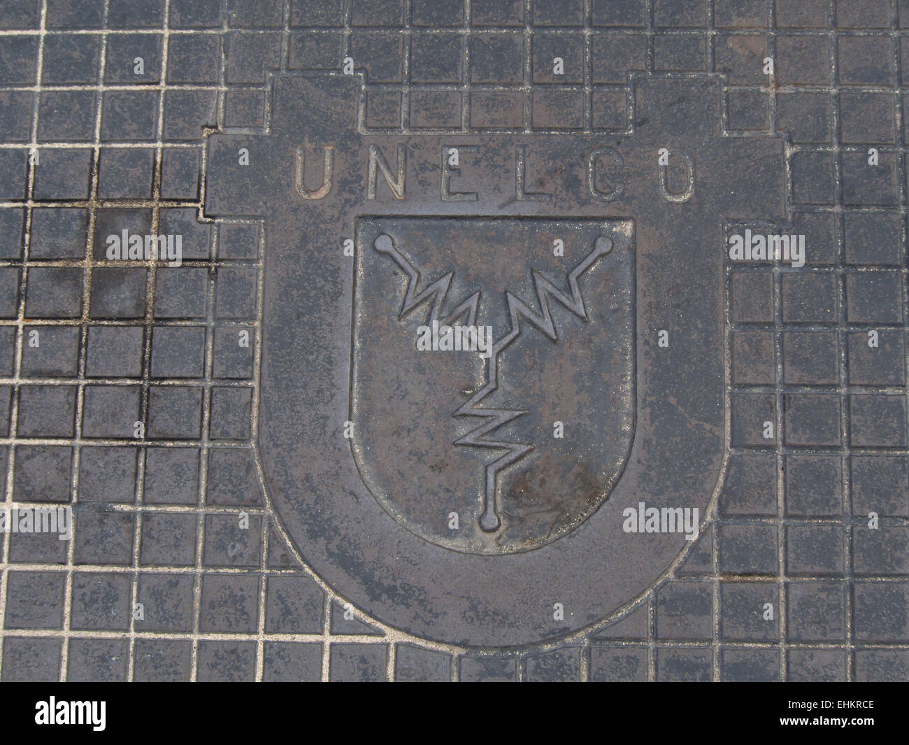 Manhole cover for electric cables Unelco, Fuerteventura, Canary islands ...
