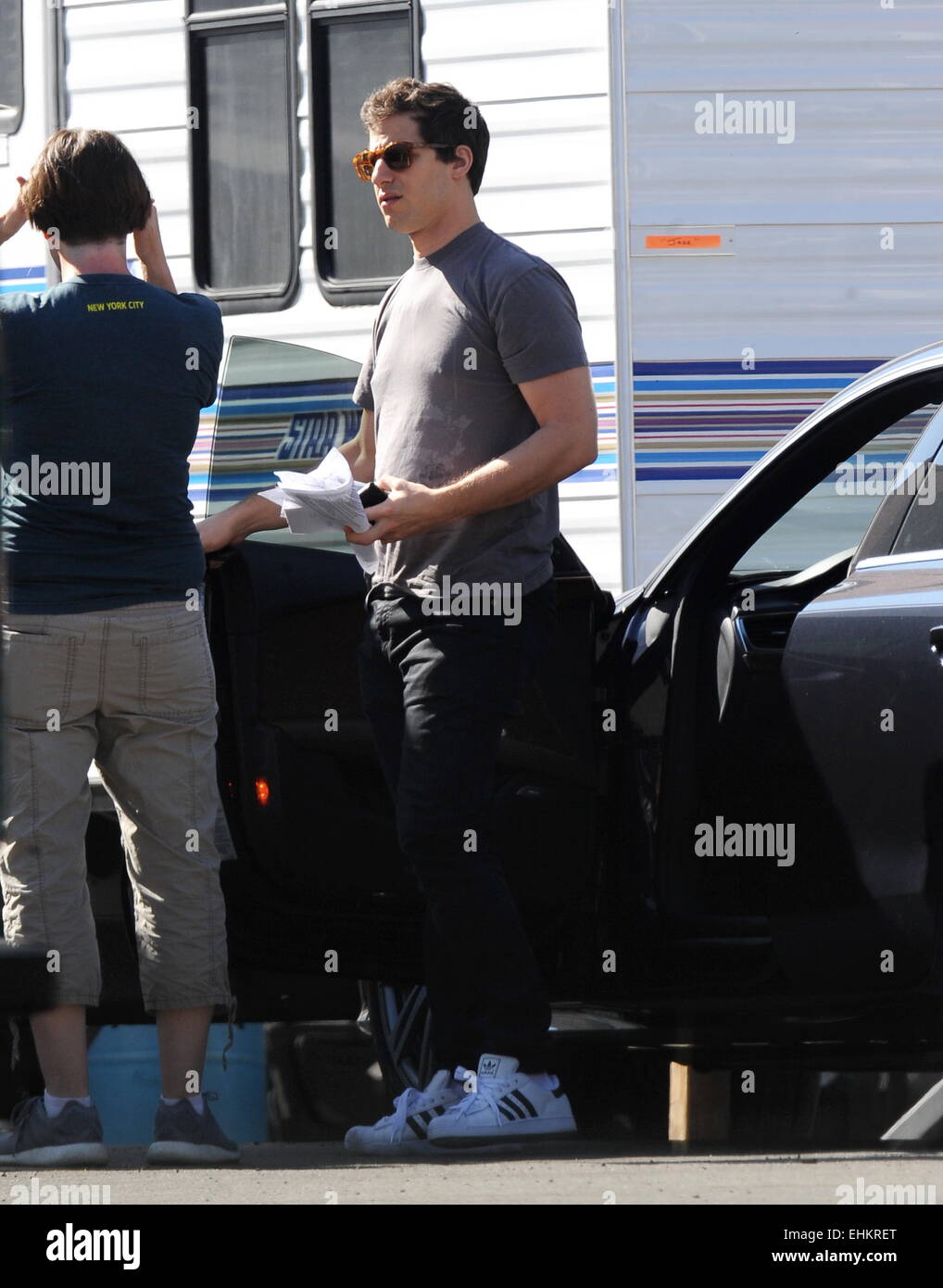 Andy Samberg filming 'Brooklyn Nine Nine' with new in Downtown Los ...