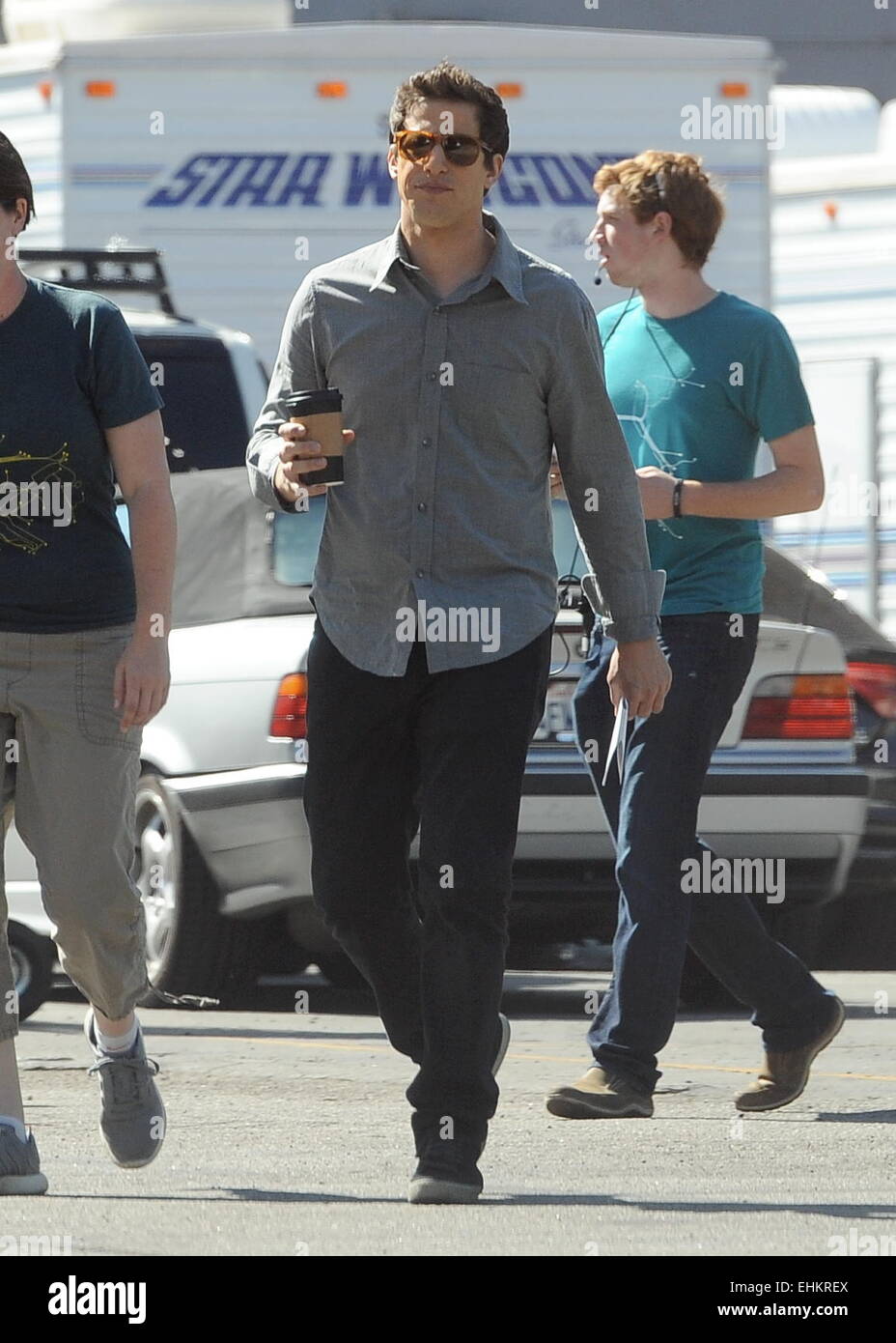 Andy Samberg filming 'Brooklyn Nine Nine' with new in Downtown Los ...
