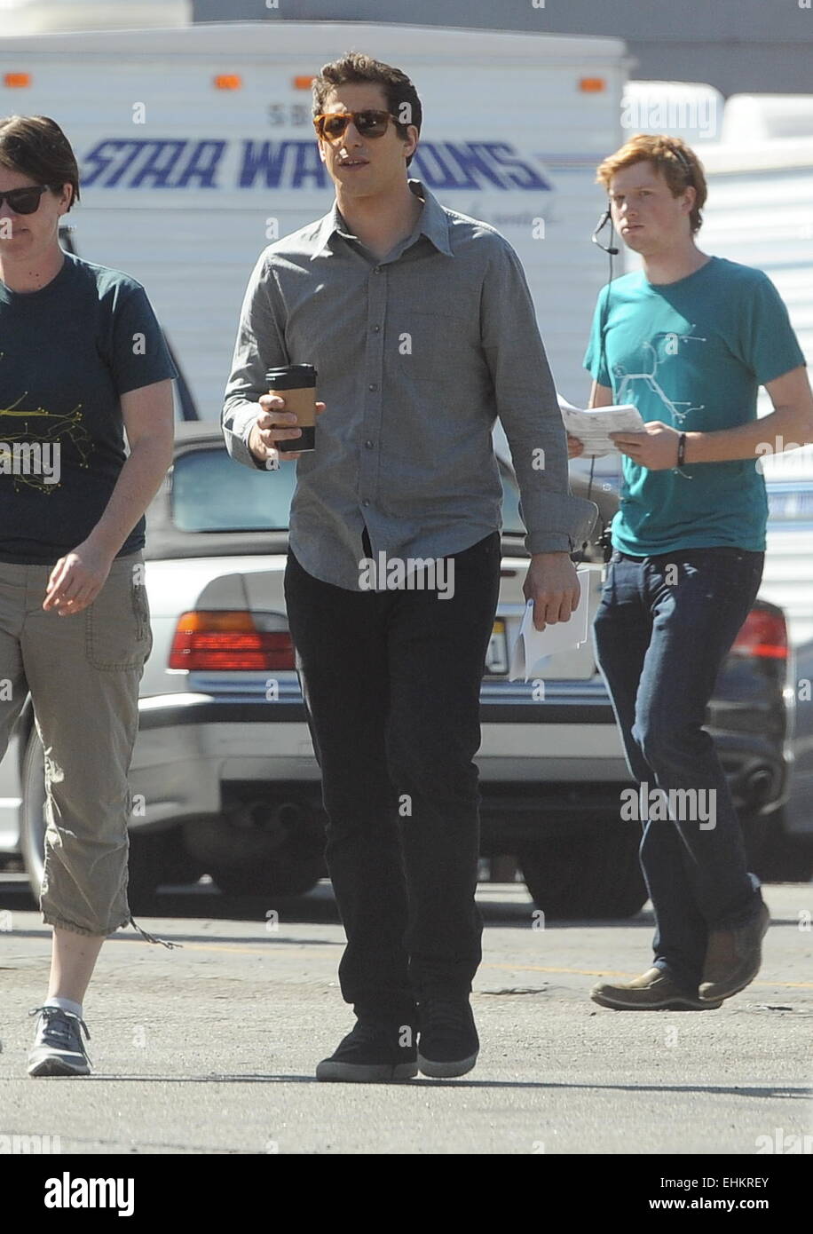 Andy Samberg filming 'Brooklyn Nine Nine' with new in Downtown Los ...