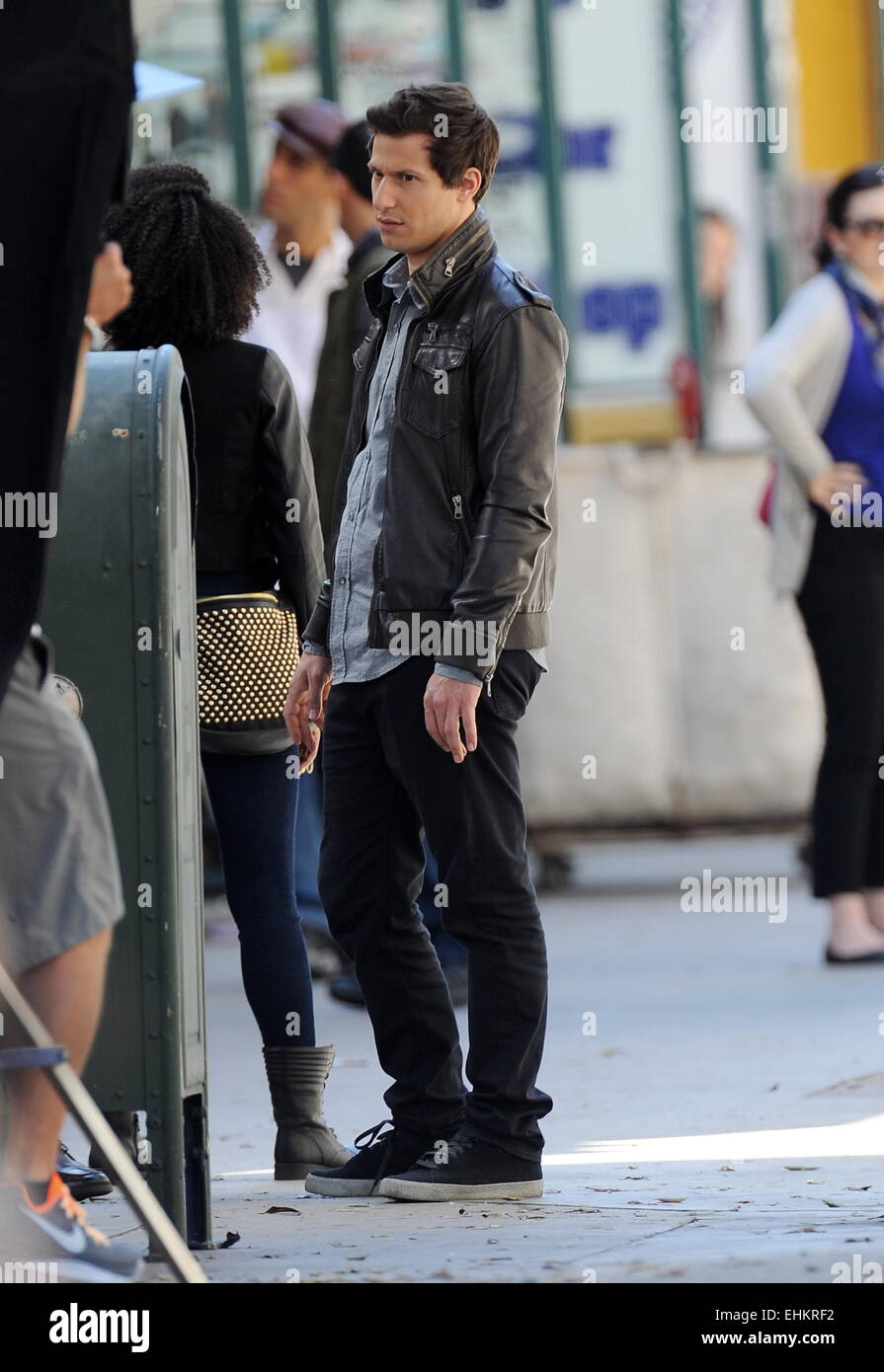 Andy Samberg filming 'Brooklyn Nine Nine' with new in Downtown Los ...