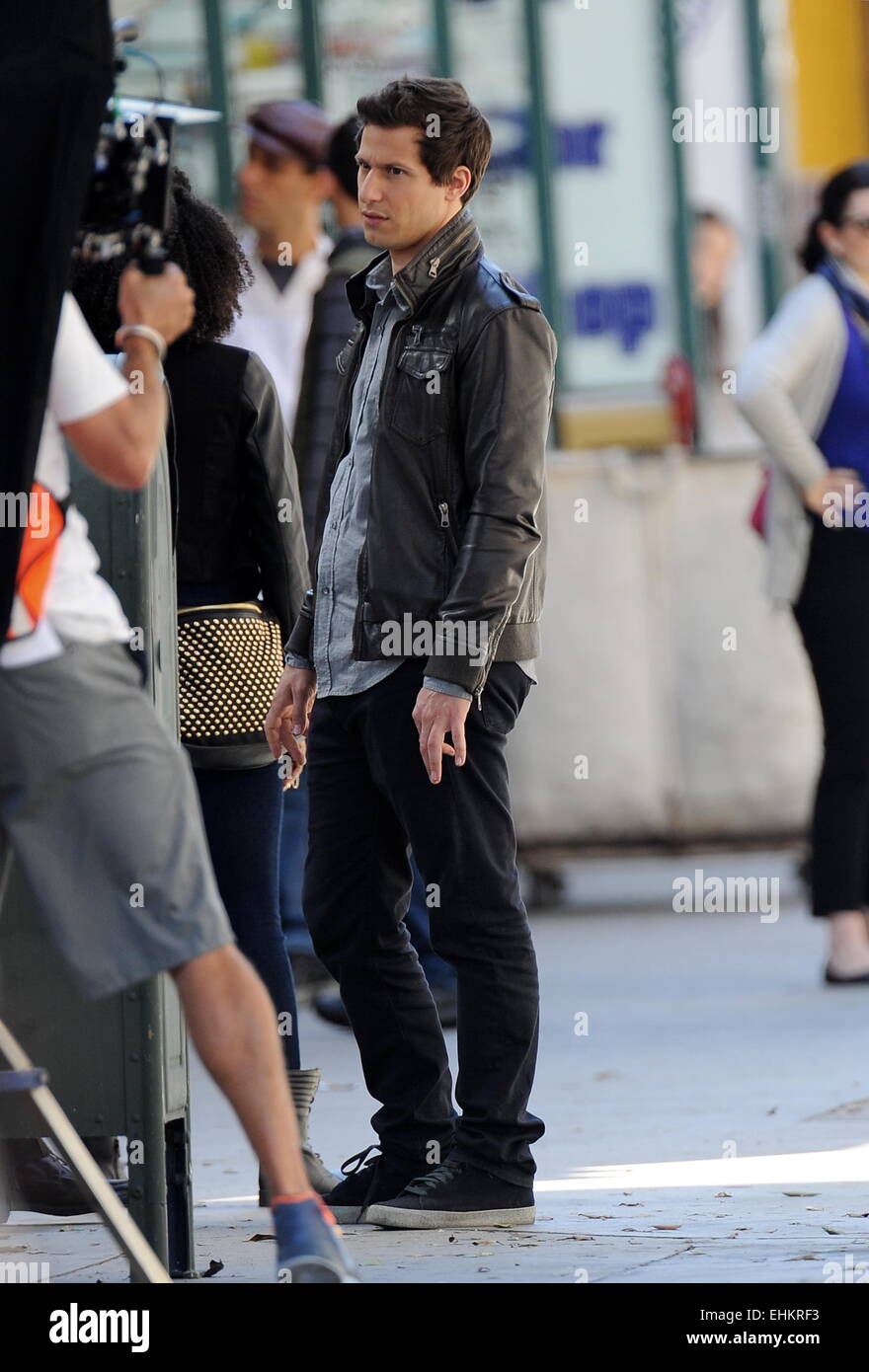 Andy Samberg filming 'Brooklyn Nine Nine' with new in Downtown Los ...