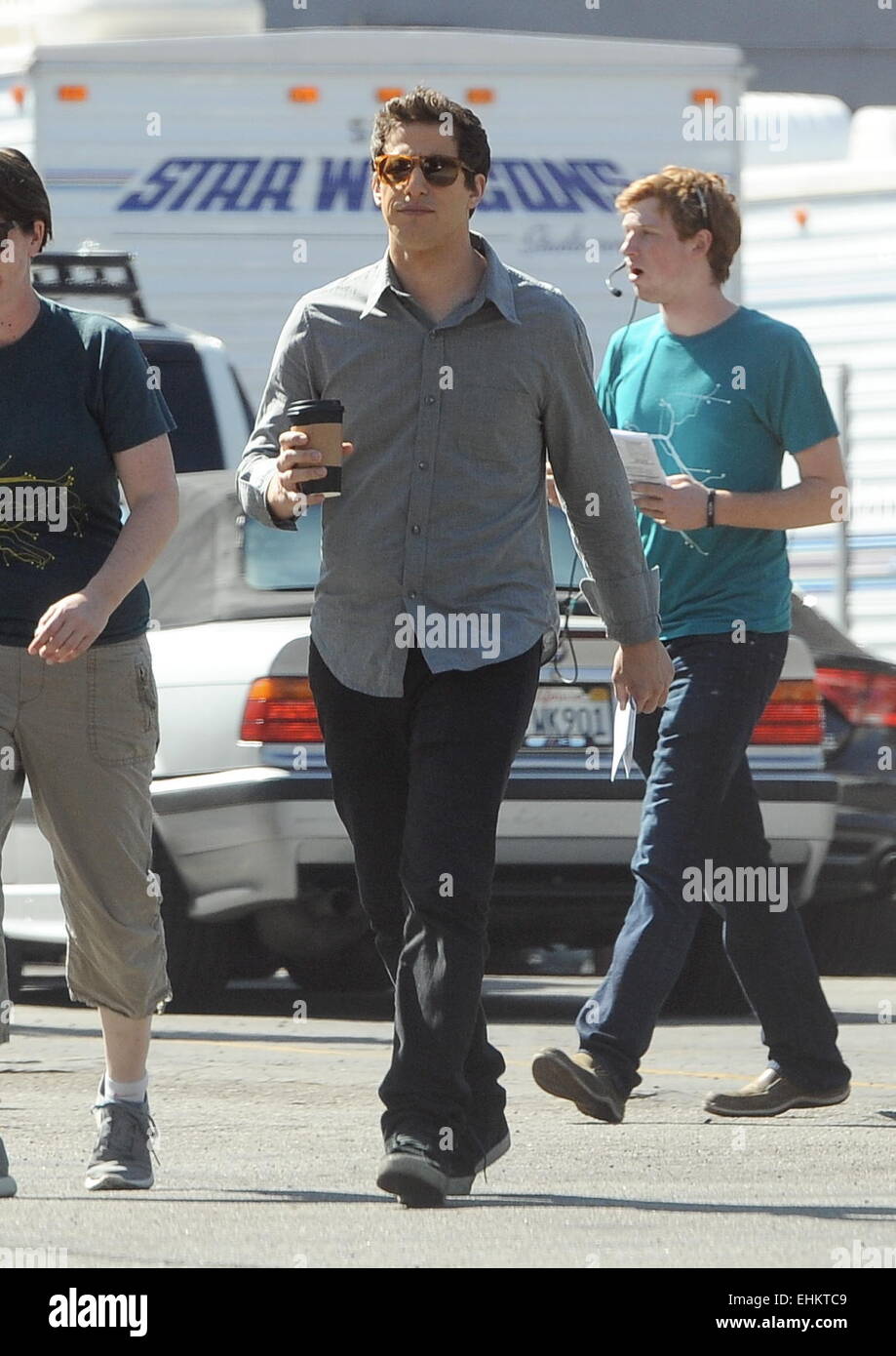 Andy Samberg filming 'Brooklyn Nine Nine' with new in Downtown Los ...