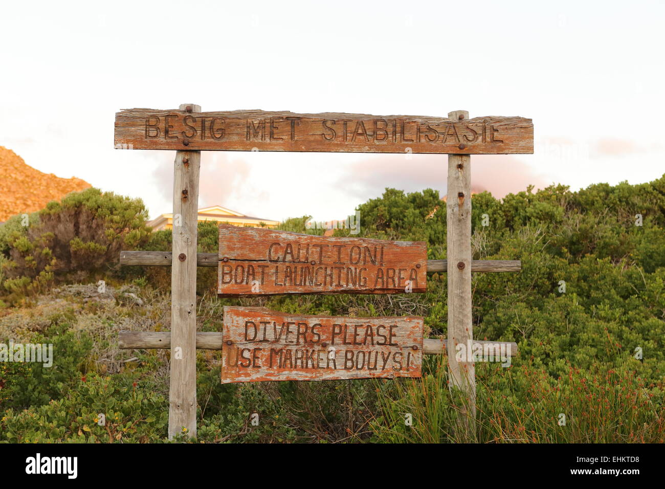 Conservation signs on beach dunes in Rooi Els Stock Photo - Alamy