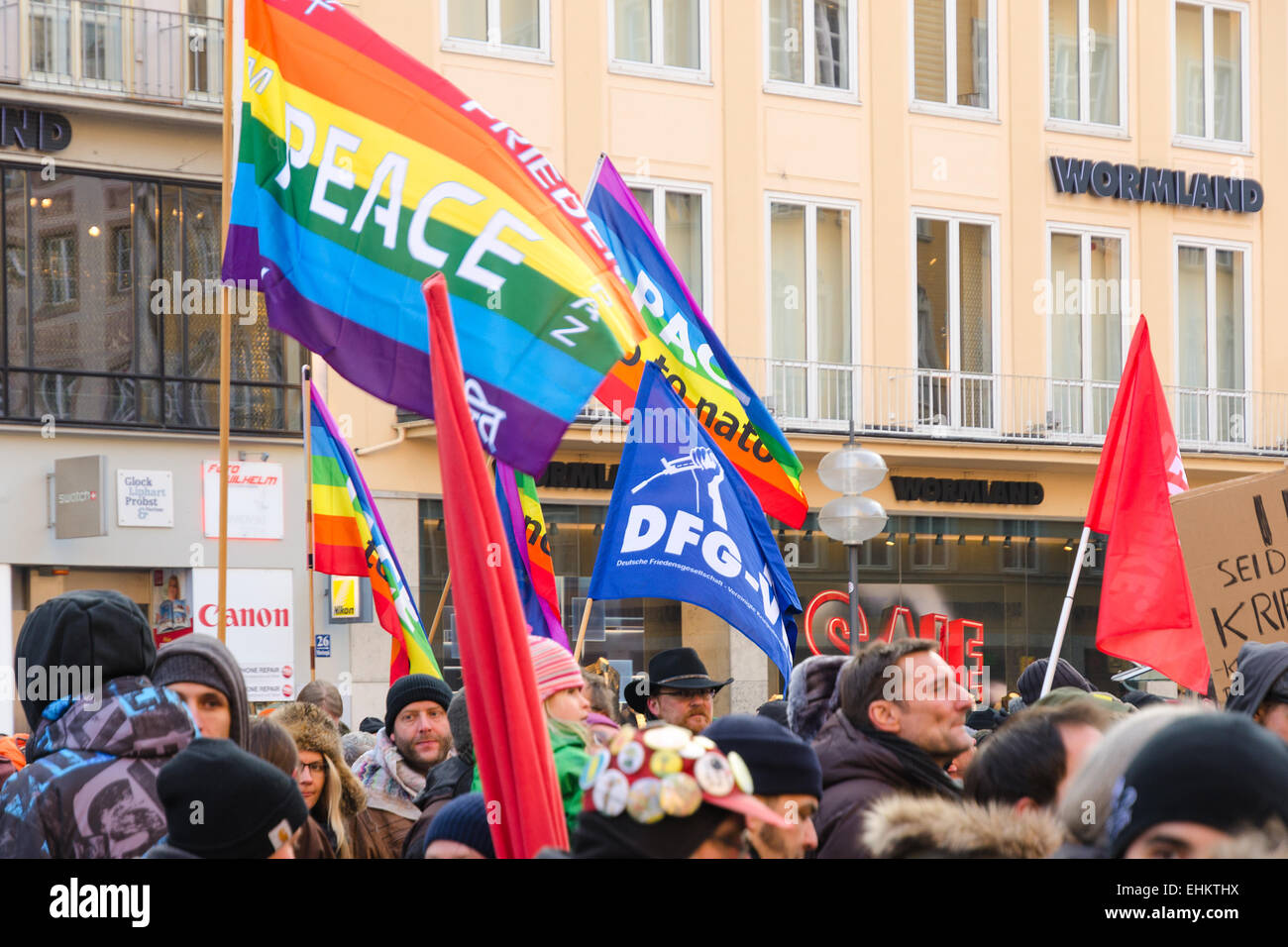 European peaceful march with flags, placards and banners on central ...