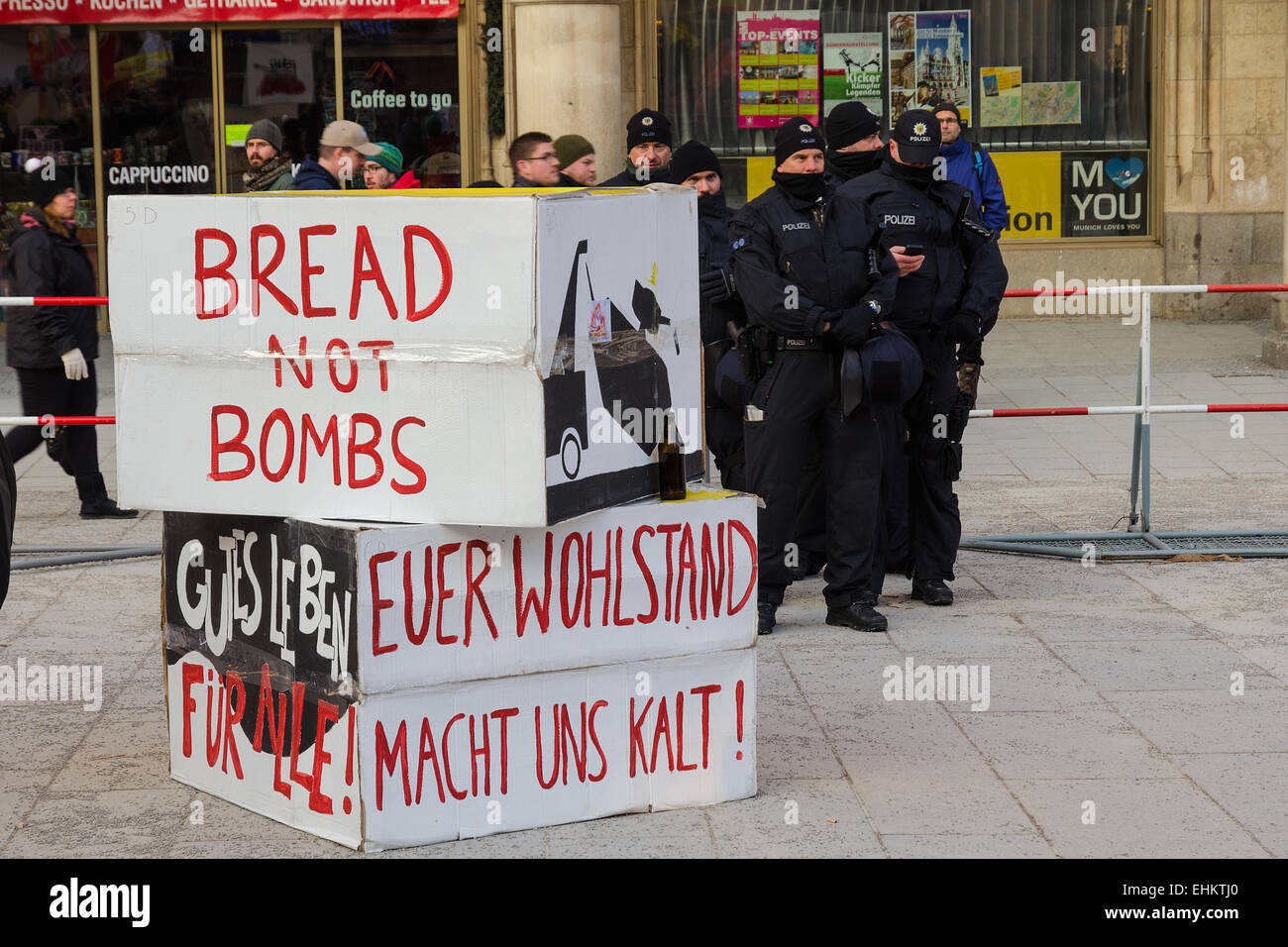 Police cordon and signs banners on protest rally anti-NATO peaceful ...