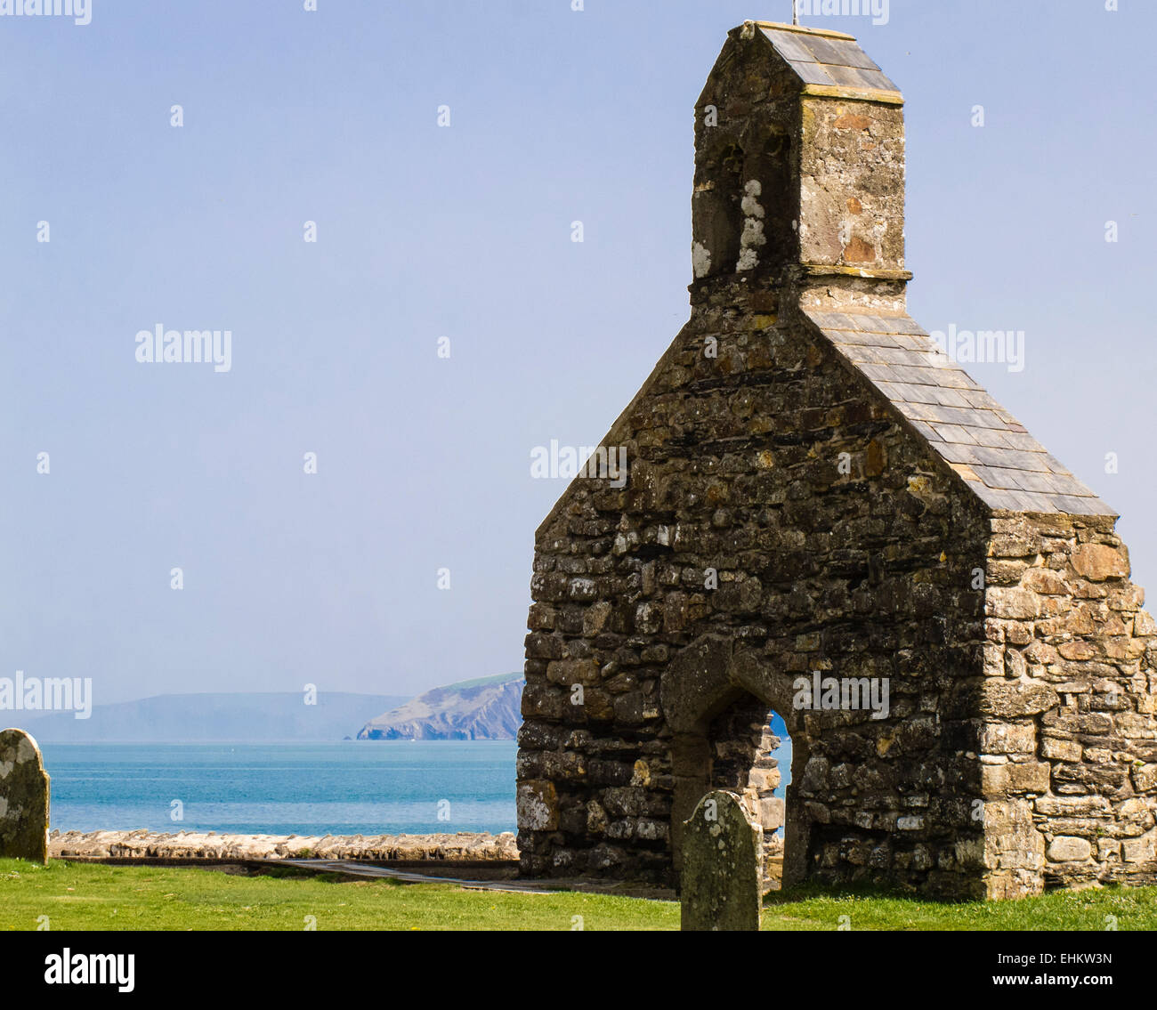The ruins of St Brynach's Church at Cwm-yr-Eglwys, Dinas Island ...