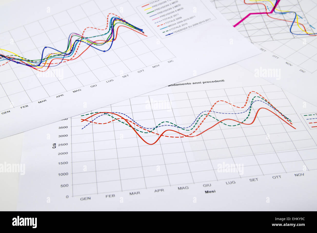 stack of paper documents with financial reports and statistic ...