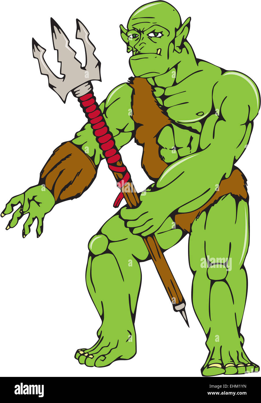 Cartoon style illustration of an orc warrior standing holding a trident ...