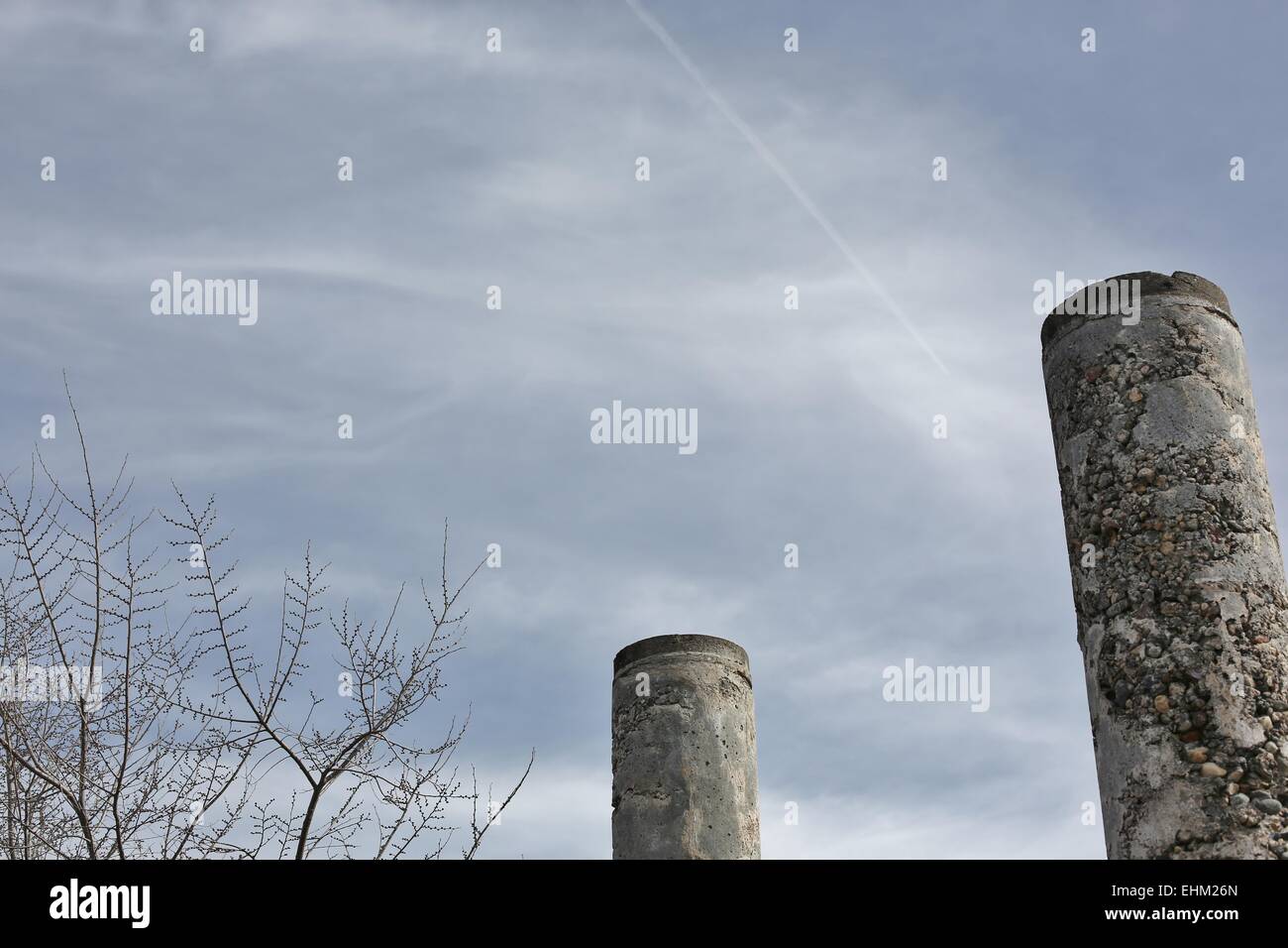 Crumbling columns of an abandoned building, next to tree branches Stock ...