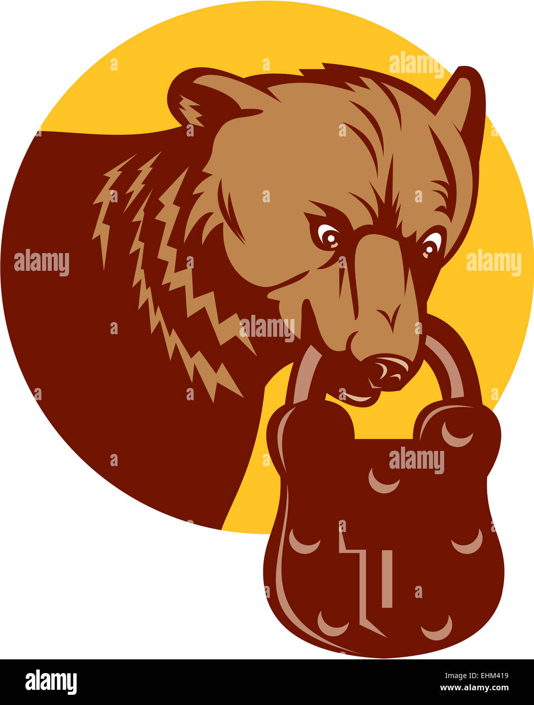 Illustration of a grizzly brown bear biting bear padlock viewed from ...