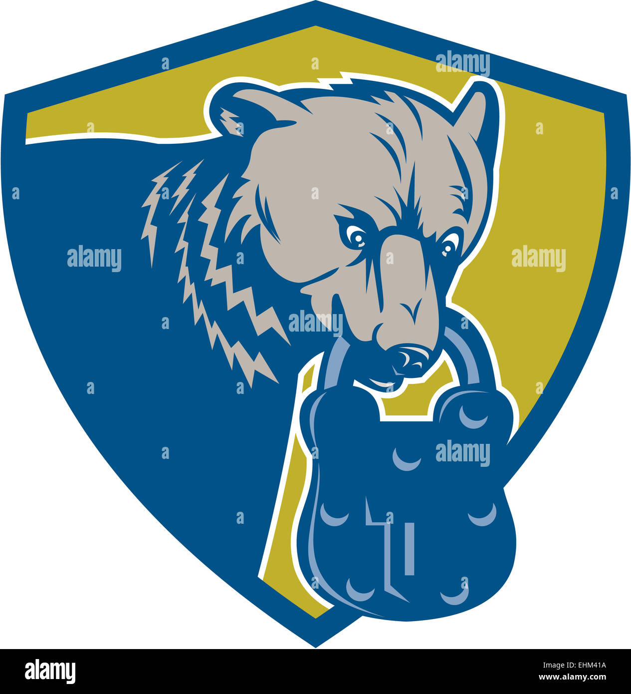 Illustration of a grizzly brown bear biting bear padlock viewed from ...