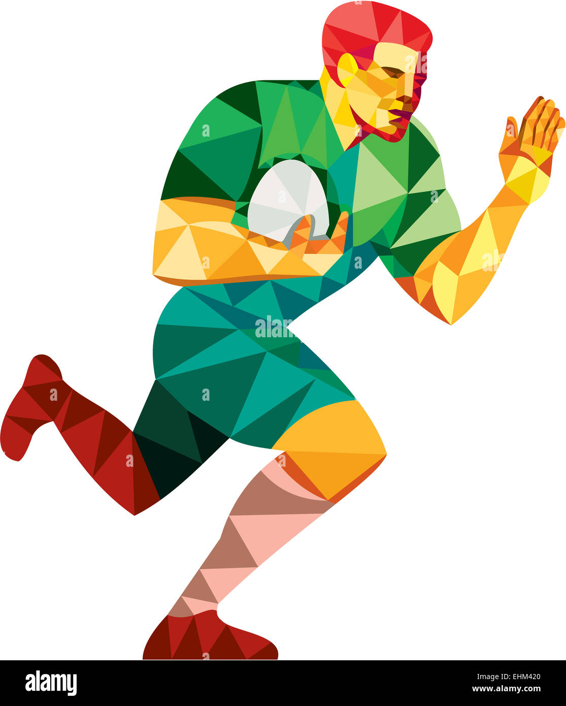 Low polygon style illustration of rugby union player with ball fending ...