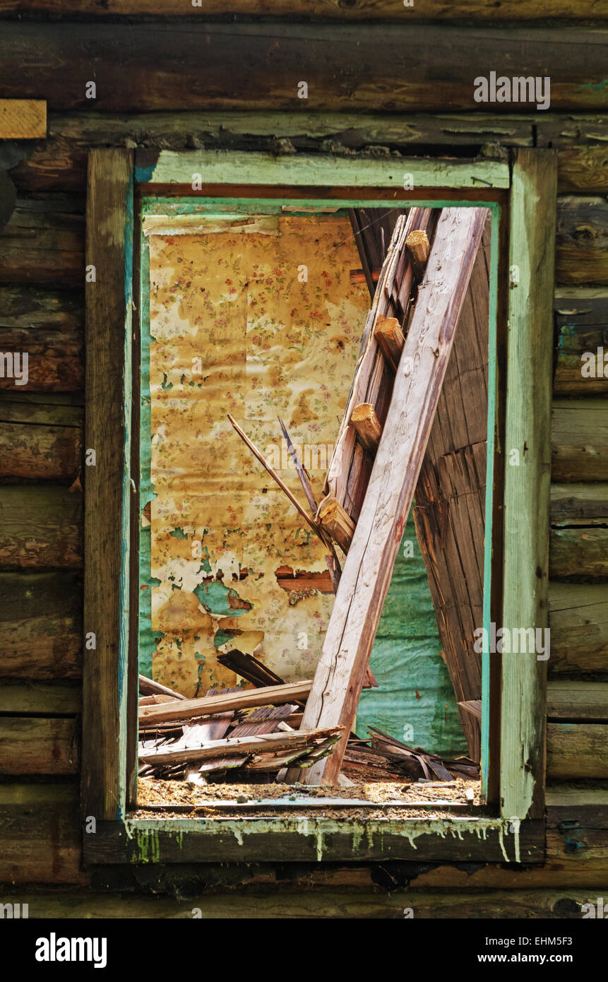 Old window in the abandoned disassembling rural house Stock Photo - Alamy