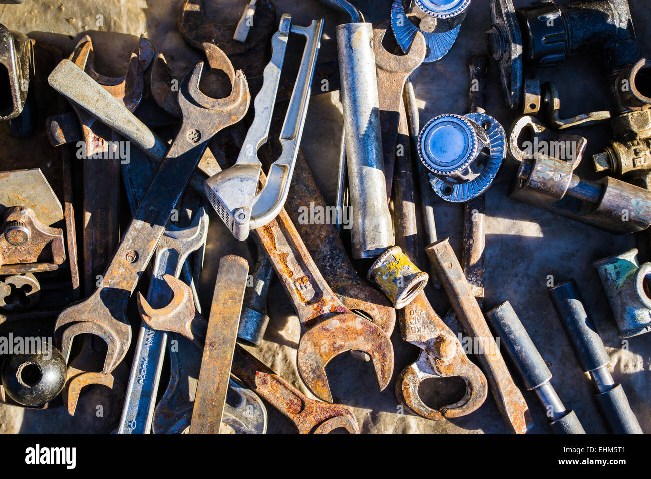 A collection of old unsorted junk including tools and utensils Stock ...