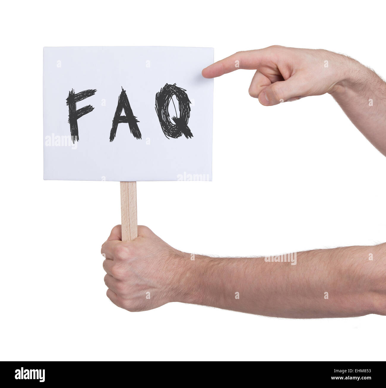 Hand holding sign, isolated on white - FAQ Stock Photo - Alamy