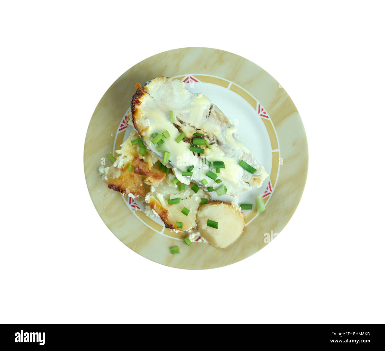 Stekt fisk - baked cod in sour cream and potatoes Stock Photo - Alamy