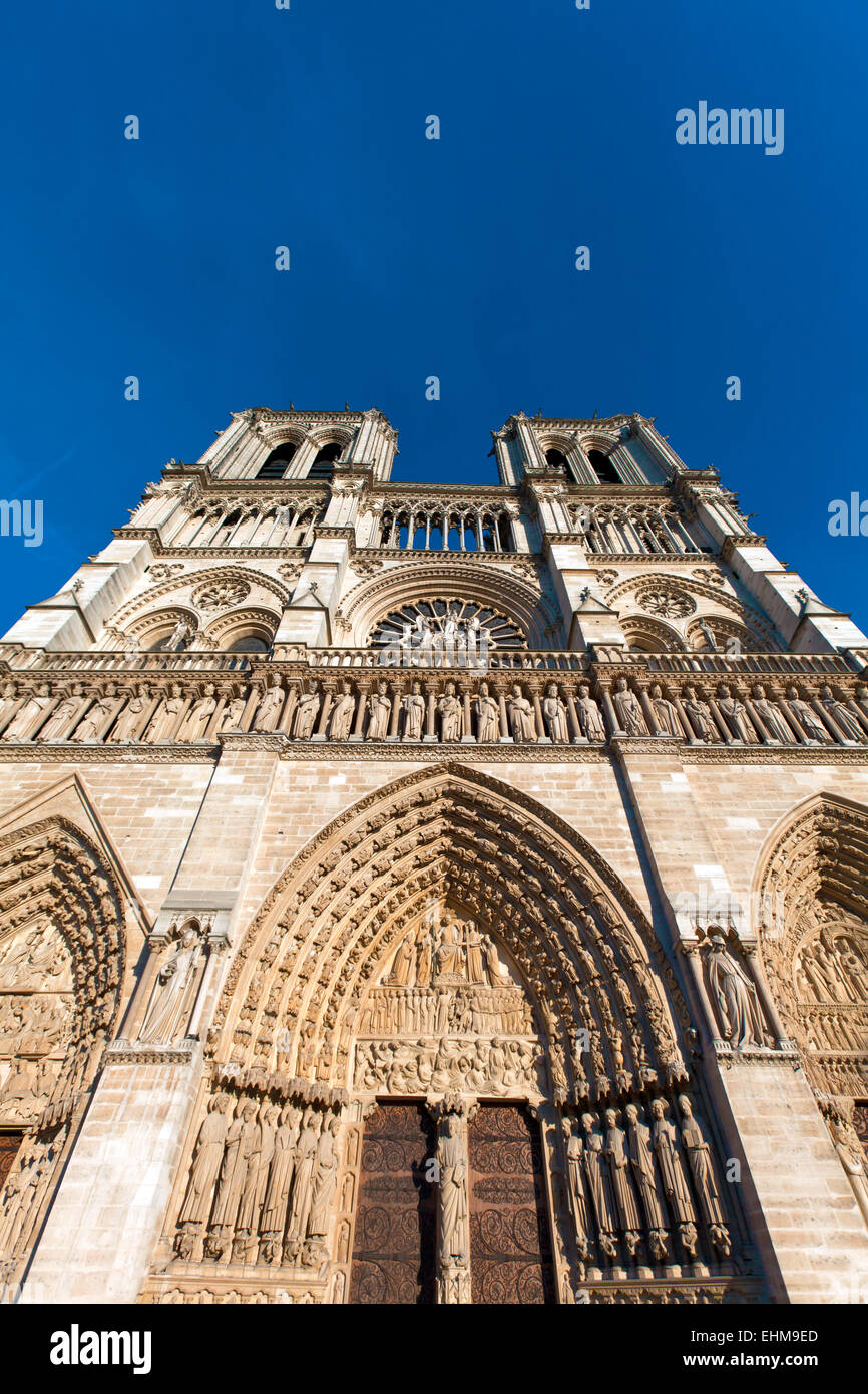 Wide-angle view of West facade, Cathedral Notre Dame de Paris (1160 ...