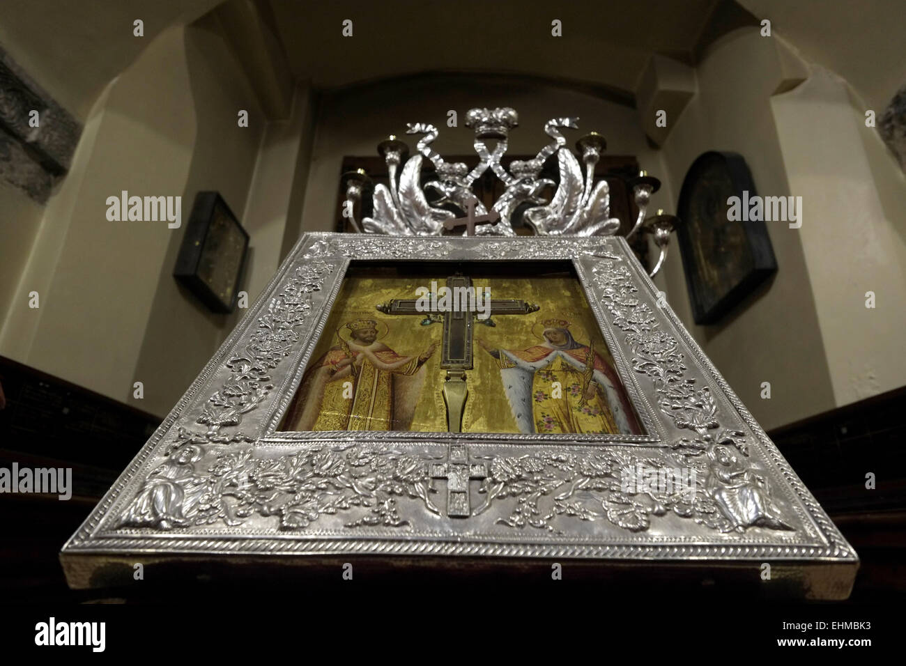 Silver reliquary of the True Cross displayed at the Greek Treasury ...