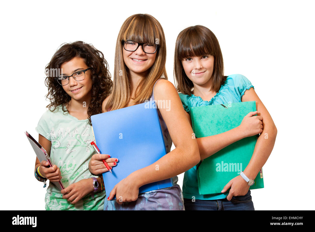 Close up portrait of three teenage students isolated on white Stock ...