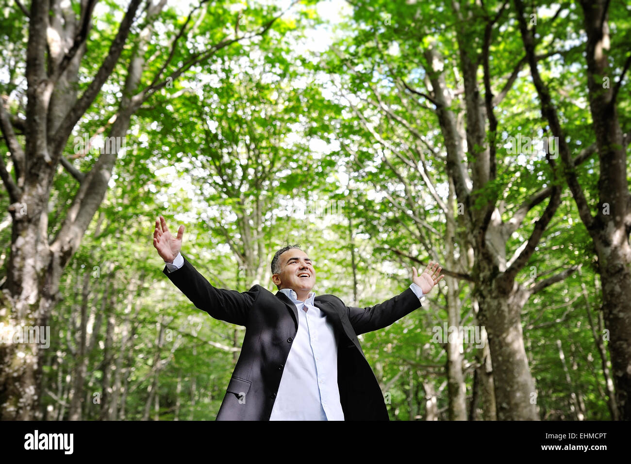happy smiling man enjoying nature - freedom happiness concept Stock ...