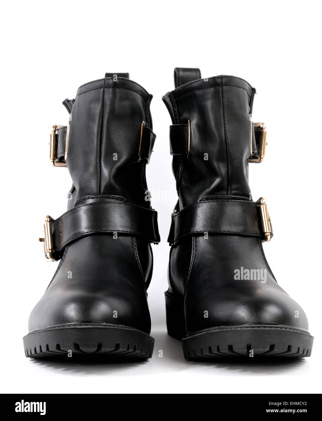 Women's shoes type ankle boot in black leather, photographed on white ...