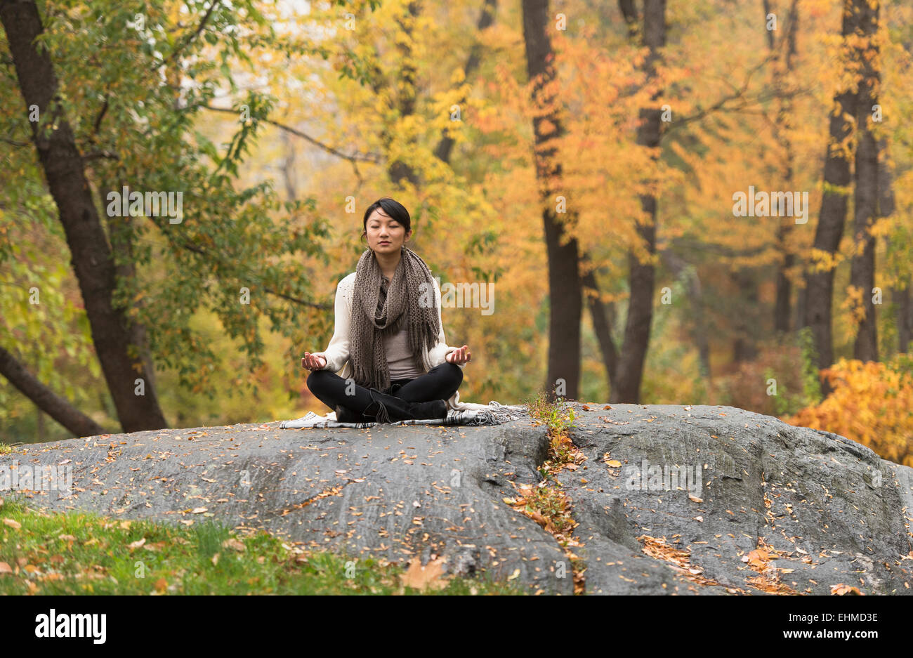 Asian woman meditating on rock in park Stock Photo - Alamy