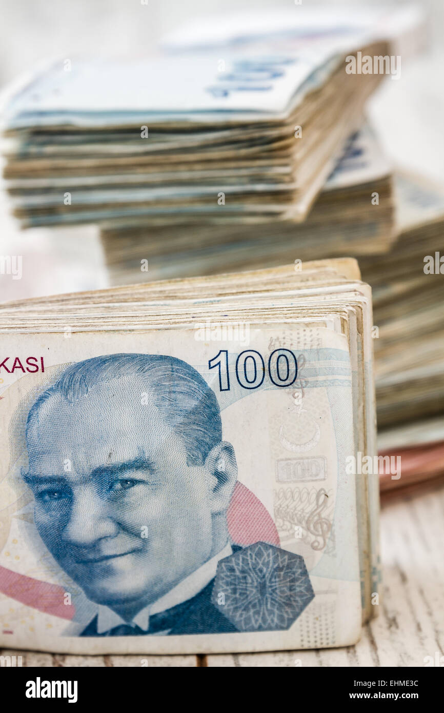 Bunch of Turkish Lira over white wooden background Stock Photo - Alamy