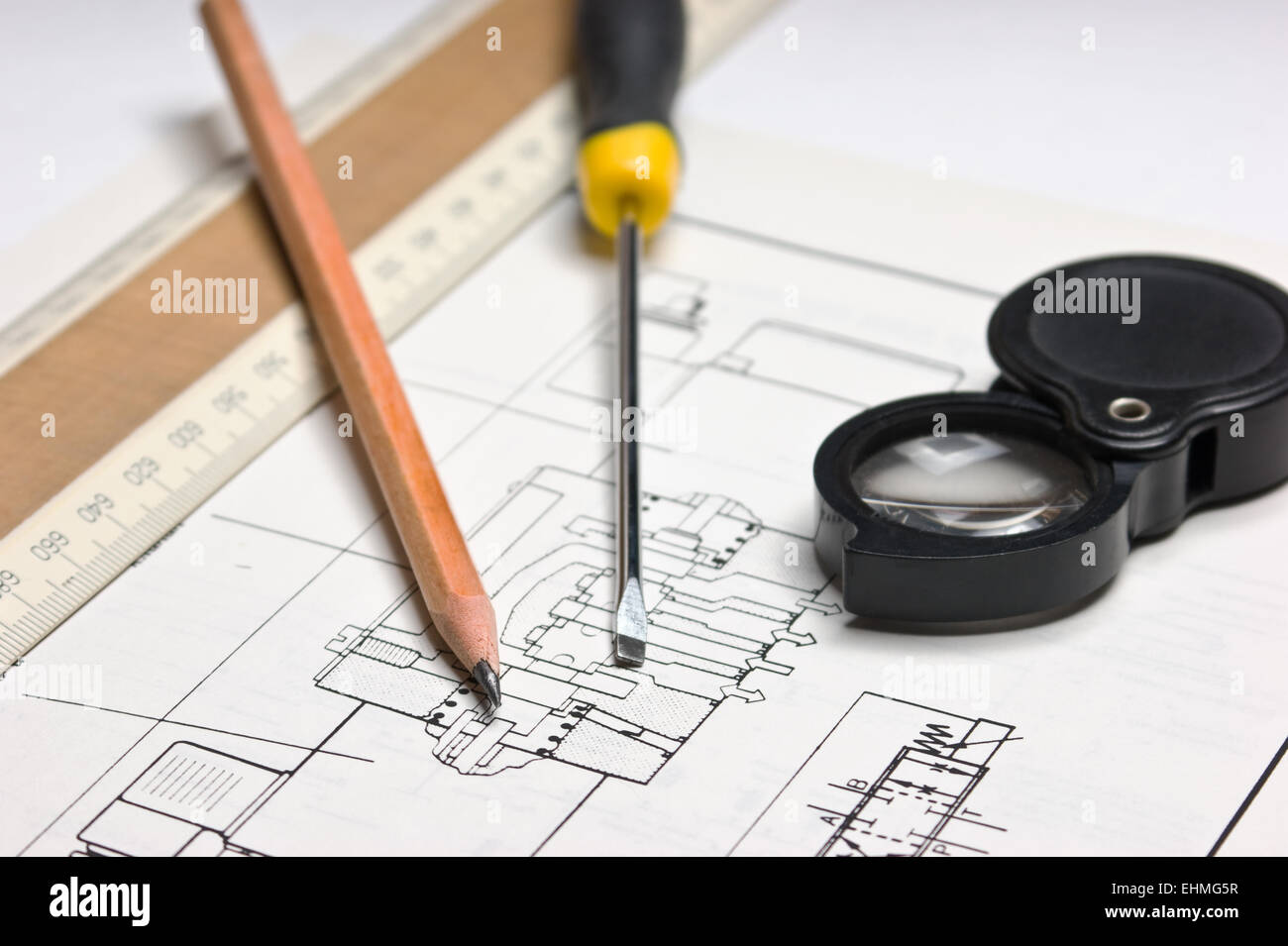 technical schemes with a pencil and ruler Stock Photo - Alamy