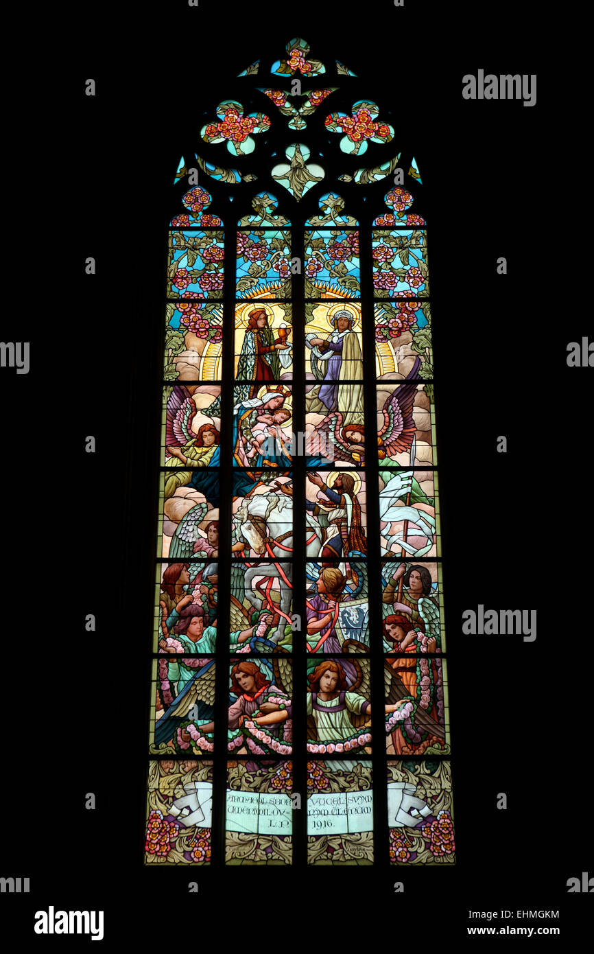 Saint Wenceslas and the Virgin Mary. Art Nouveau stained glass window ...