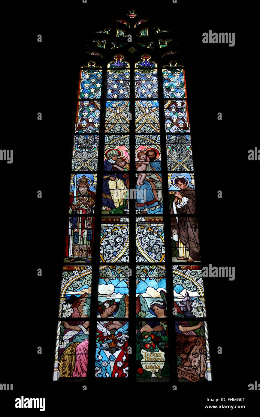 The Holy Family. Art Nouveau stained glass window in Saint Barbara's ...