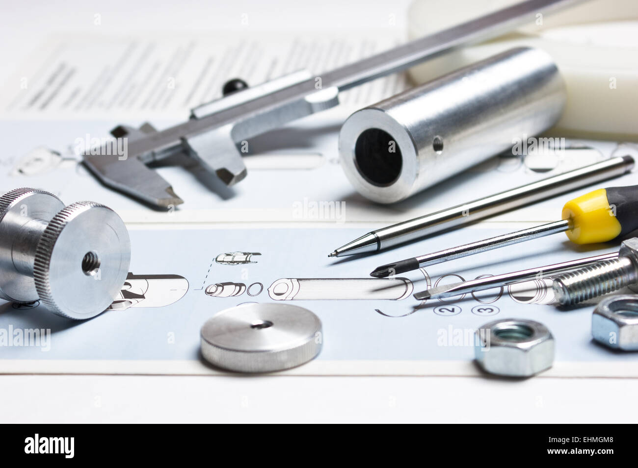technical drawings with tools and parts Stock Photo - Alamy