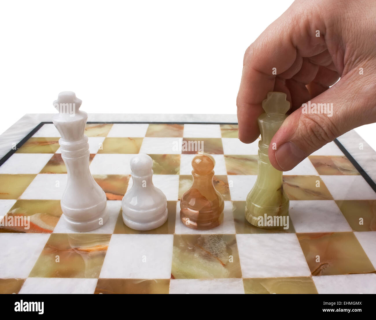 hand poses a chess piece on the board isolated on white background ...