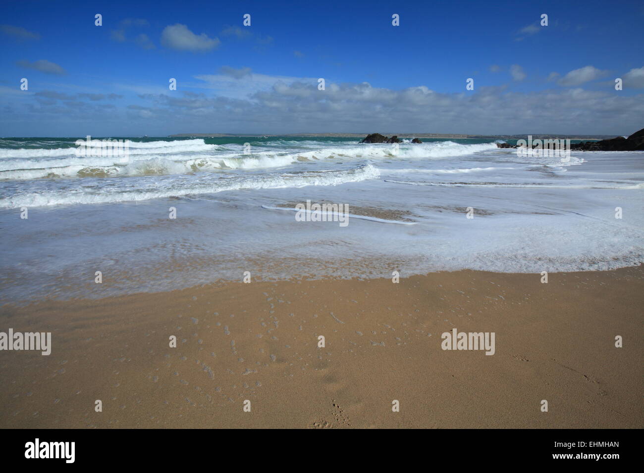Early spring view across St Ives bay from Porthgwidden beach, St Ives ...