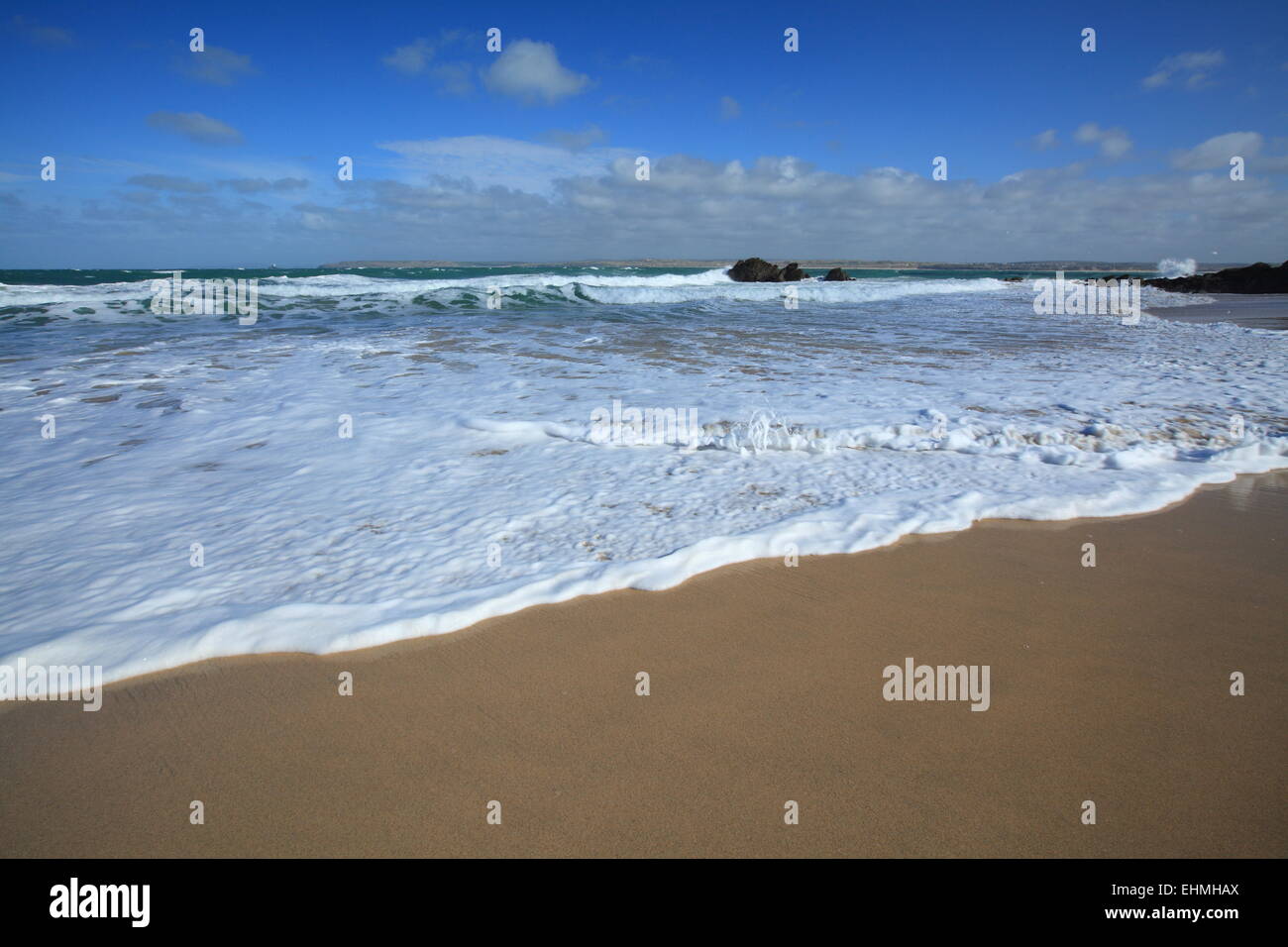 Early spring view across St Ives bay from Porthgwidden beach, St Ives ...
