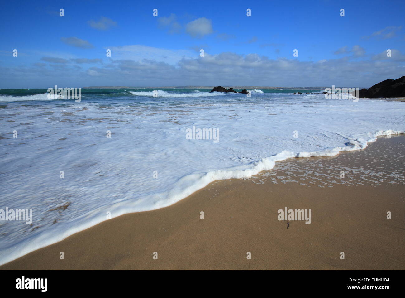 Early spring view across St Ives bay from Porthgwidden beach, St Ives ...