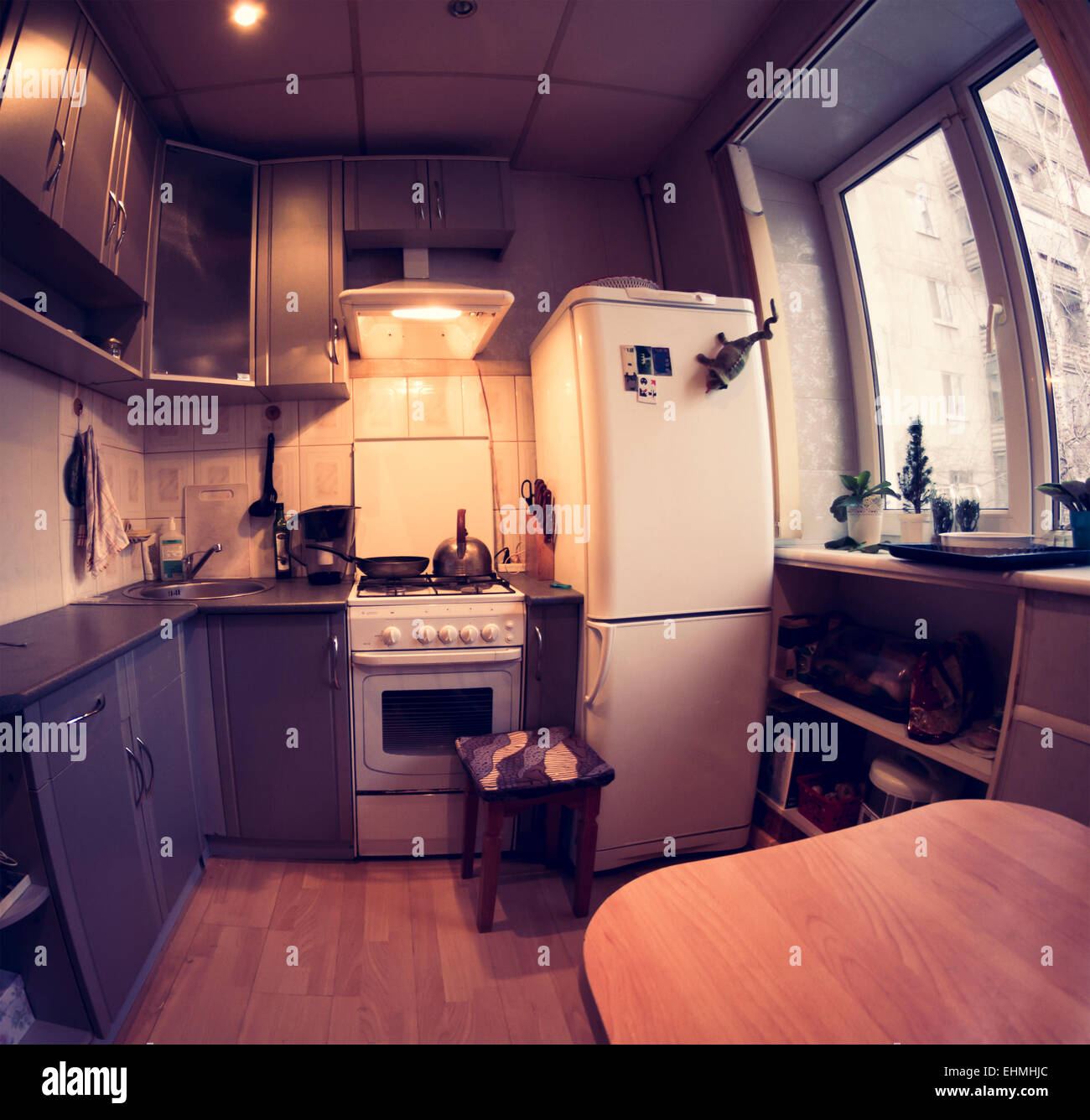 Fish-eye lens view of domestic kitchen Stock Photo - Alamy
