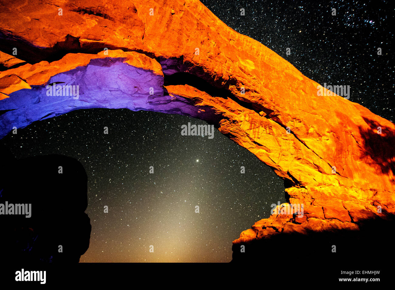 Illuminated rocks at night in Arches National Park, Moab, Utah, United ...