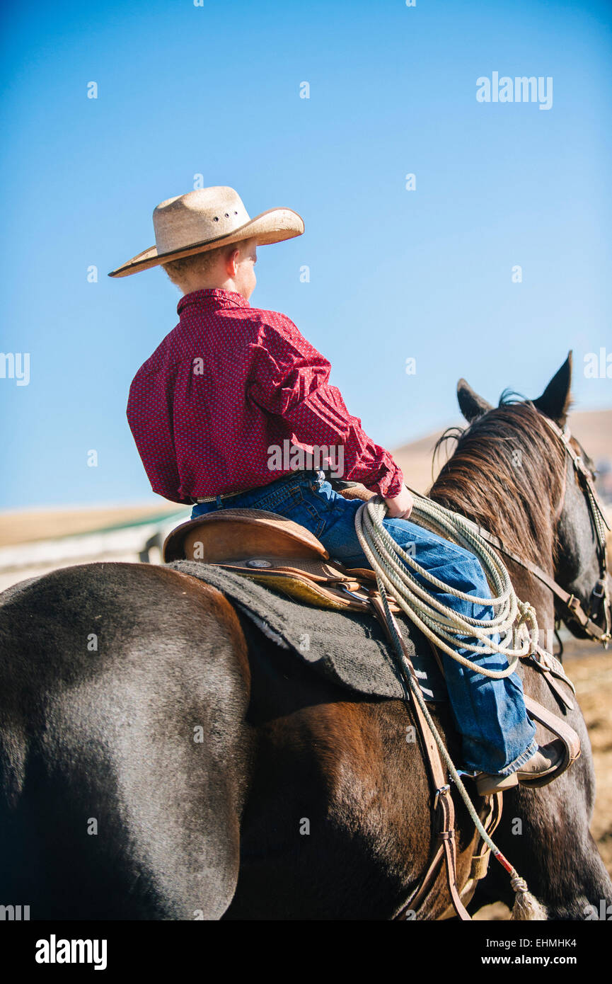 Caucasian boy riding horse Stock Photo - Alamy