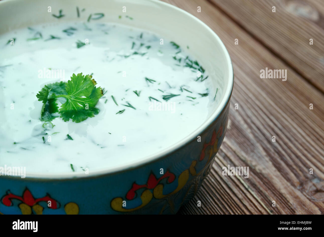 dovga - national meal of Azerbaijani cuisine.yoghurt soup cooked with a ...